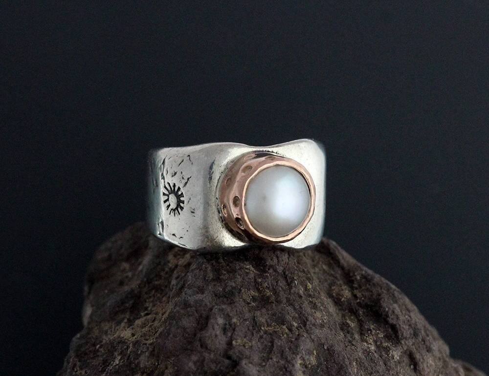 Classic Sterling Silver Pearl Ring with Rose Gold Bezel | Etsy