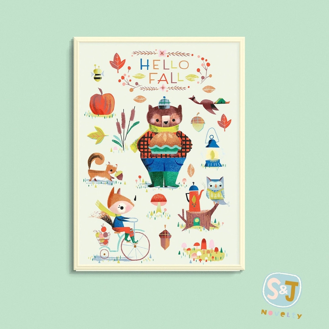 Exclusive Hello Fall Woodland Animals Art Print, Autumn, Wall Art, Bear ...