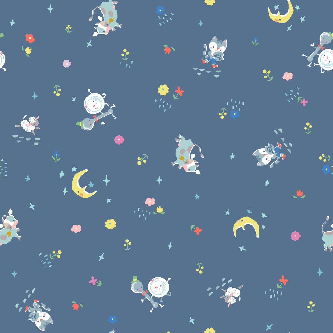Once Upon a Rhyme Hey Diddle Diddle Fabric, OOP Riley Blake, Navy, Cow ...