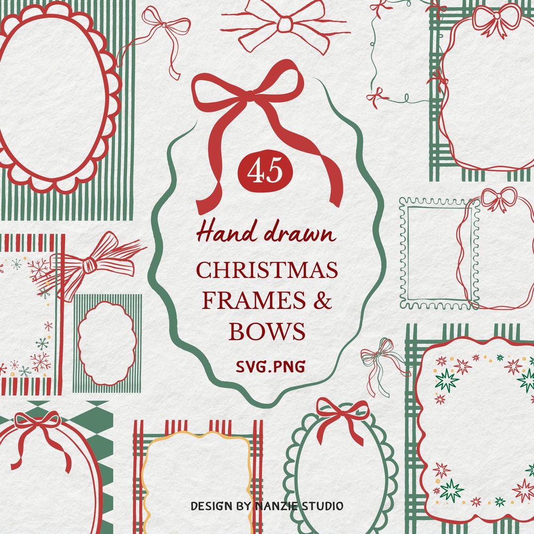 Whimsical Christmas Frames SVG PNG Bundle, Holiday Wavy Bow Frames ...