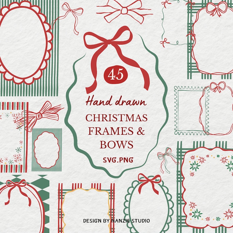 Whimsical Christmas Frames SVG PNG Bundle, Holiday Wavy Bow Frames ...
