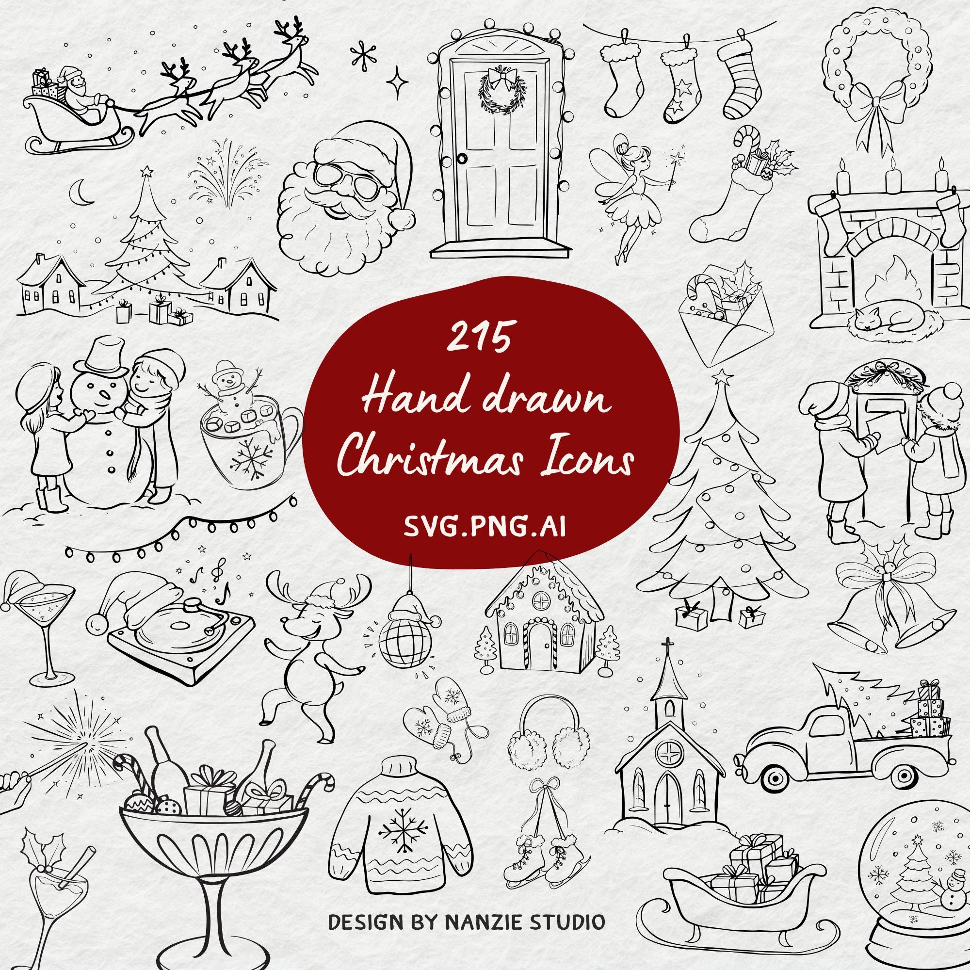 Hand Drawn Christmas Svg Bundle, Whimsical Holiday Png Elements, Xmas ...