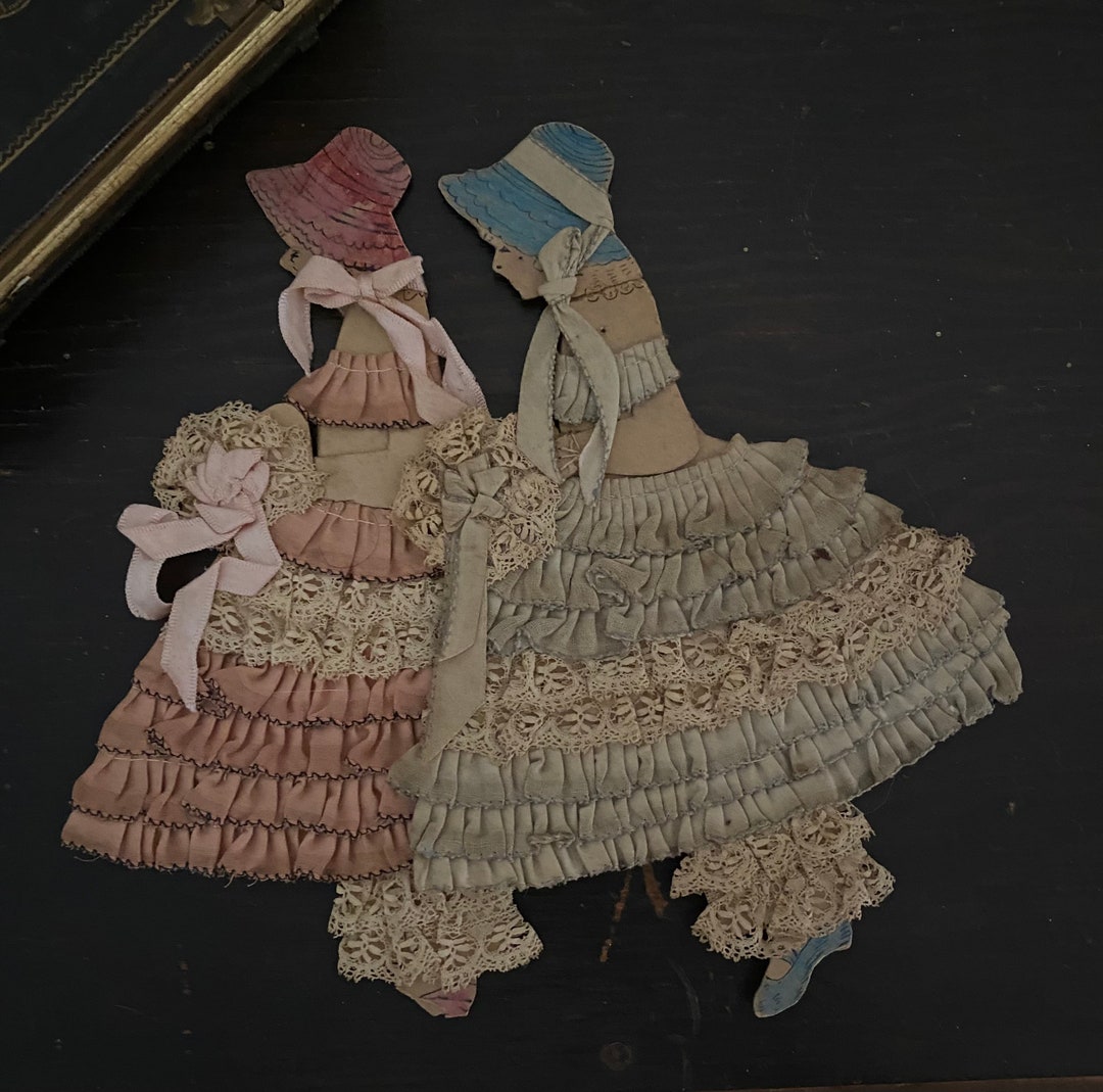 Vintage Handmade Paper Dolls With Lace and Ribbons Hand Colored Pair of ...