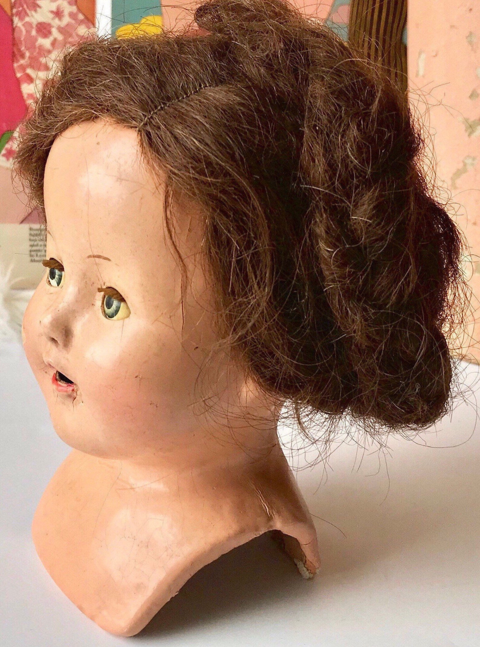 Vintage Composition Doll Head Real Hair Wig Braids Sleep Eyes Open ...
