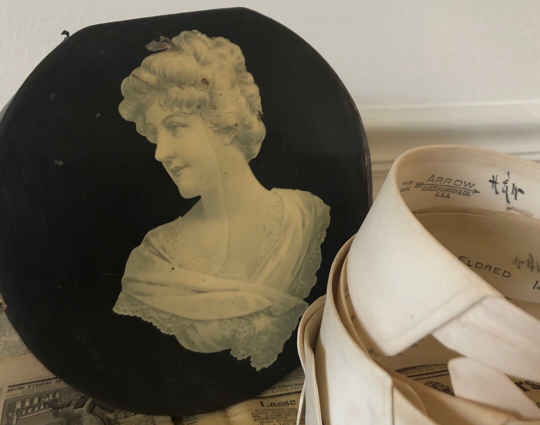 Vintage Edwardian Collar Box With Collars Celluloid Portrait of a Woman ...
