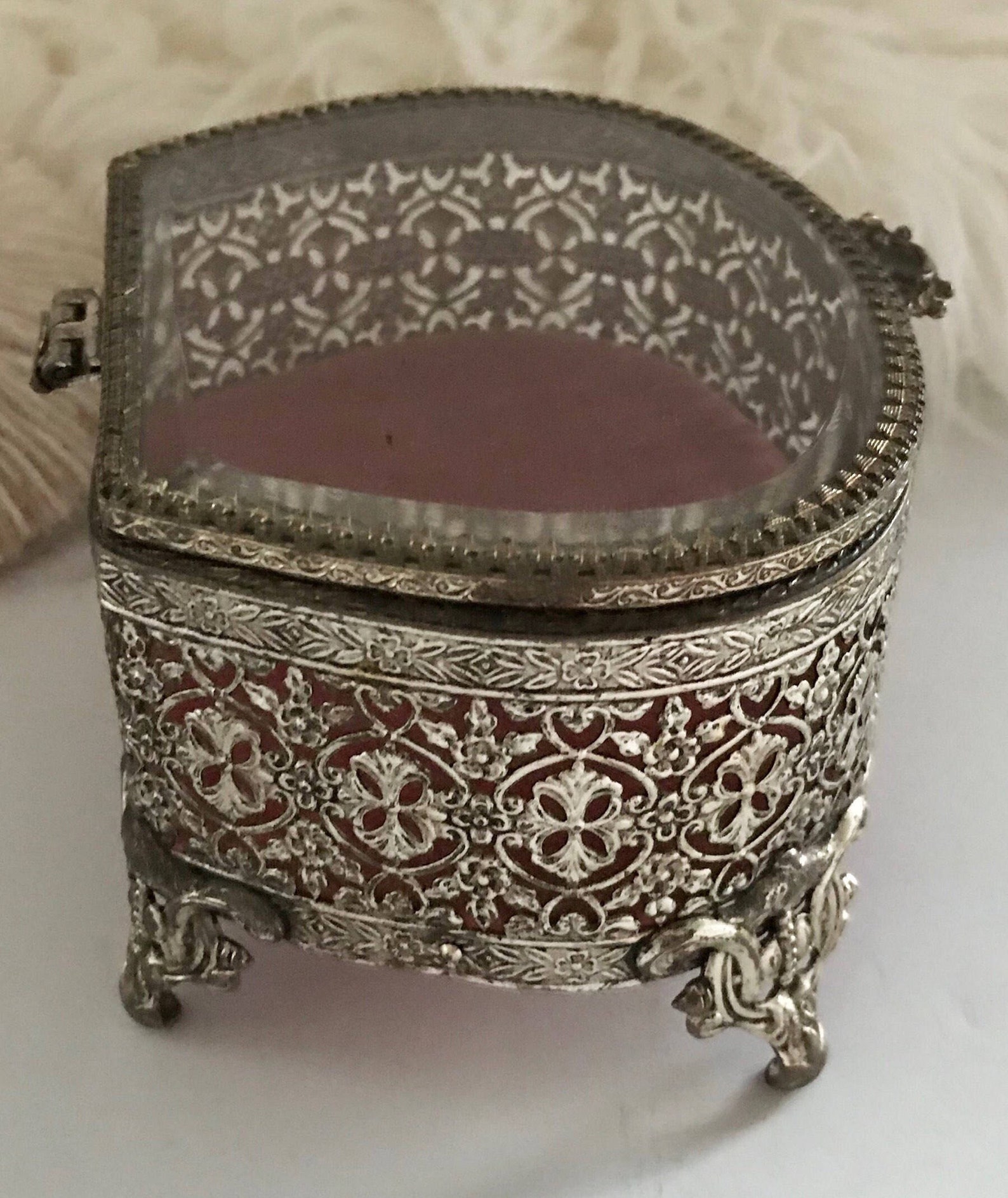 Vintage Ornate Jewelry Casket Trinket Box Velvet Red Glass - Etsy