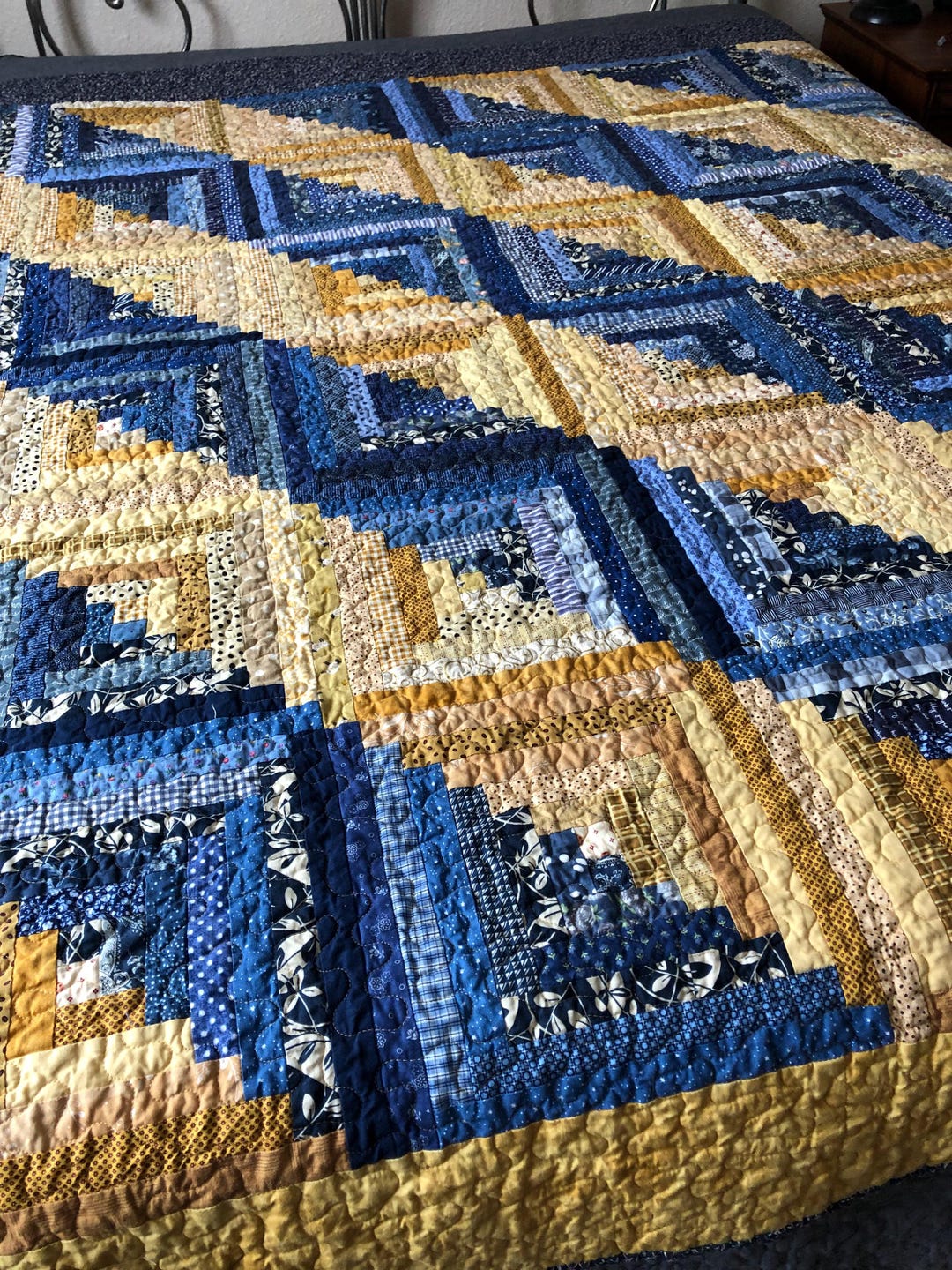 Log Cabin Quilt is Gold and Blue, Setting Fields and Furrows - Etsy