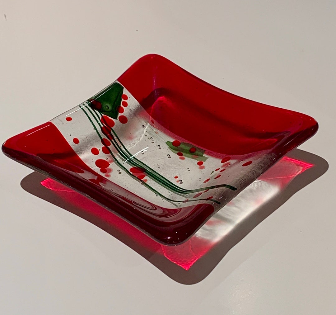 Fused Glass Dish in Translucent Red Glass With Clear Middle Strip With ...