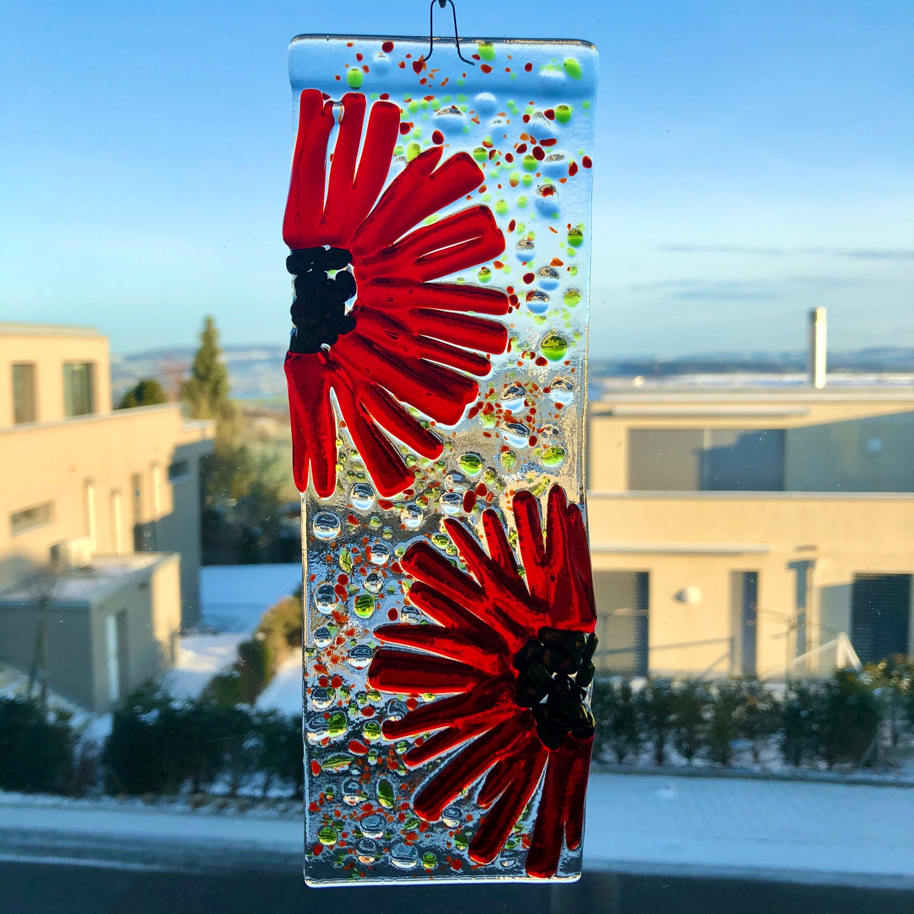 Fused Glass Suncatcher With Red Flowers - Etsy