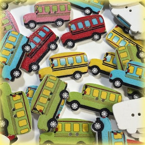 8, 16 or 32 Bus Buttons, Random Mix Wood School Yellow Buses ...