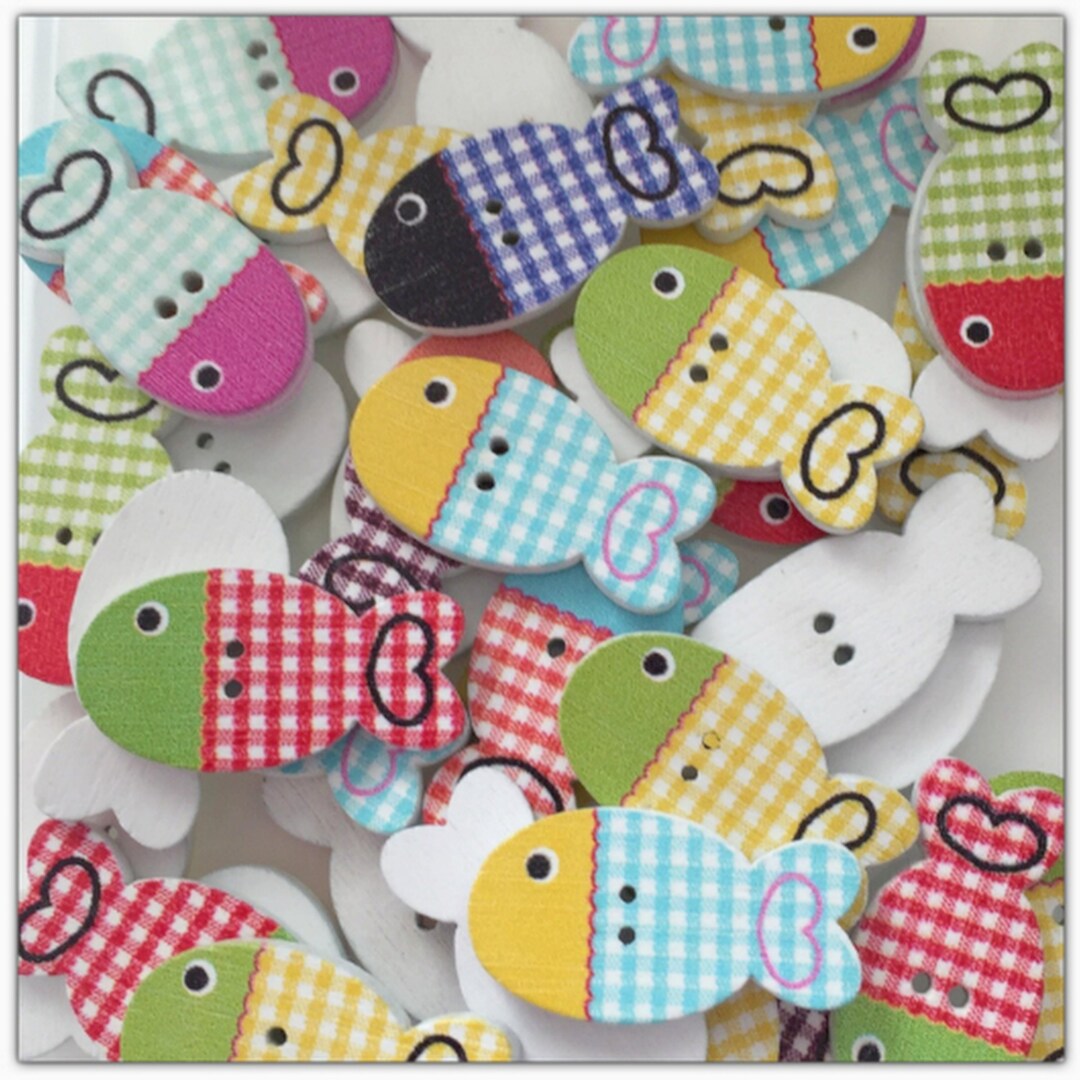 16, 32 or 64 Fish Buttons, Random Mix Gingham Fish Buttons, Wood Plaid ...