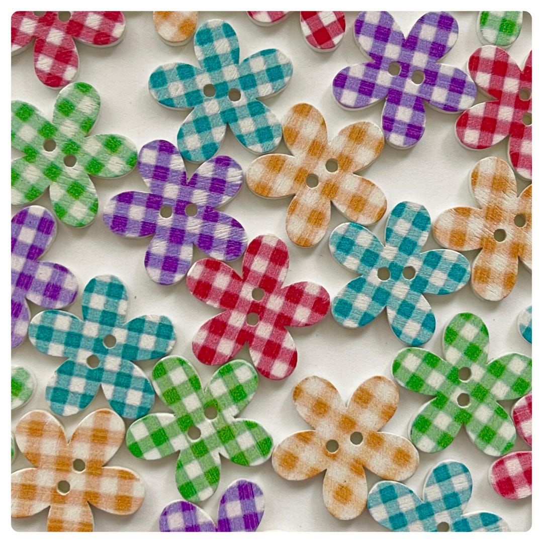 8, 16 or 32 Gingham Wood Flower Buttons, Crafts, Wooden 25mm Inch 25 Mm ...