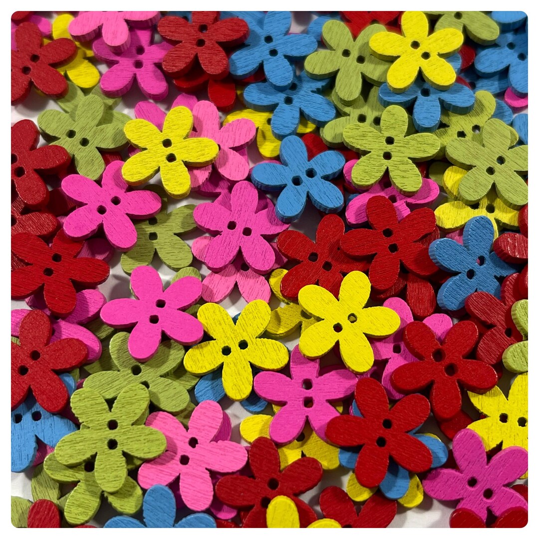 24 or 48 Daisy Buttons Assorted Wood Flowers Pink Yellow Green Blue Red ...
