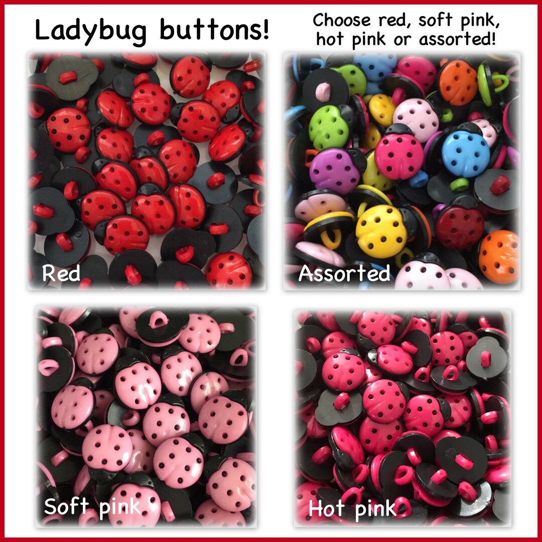 12 or 24 Ladybug Buttons, Red, Pink, Hot Pink Shank Mix Colors Lady Bug ...