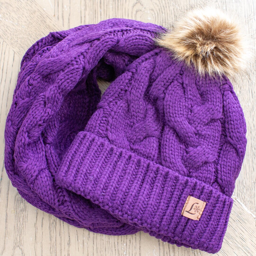 Purple Winter Beanie Hat Scarf Set Fleece , Soft Warm Knit Hat Warm ...