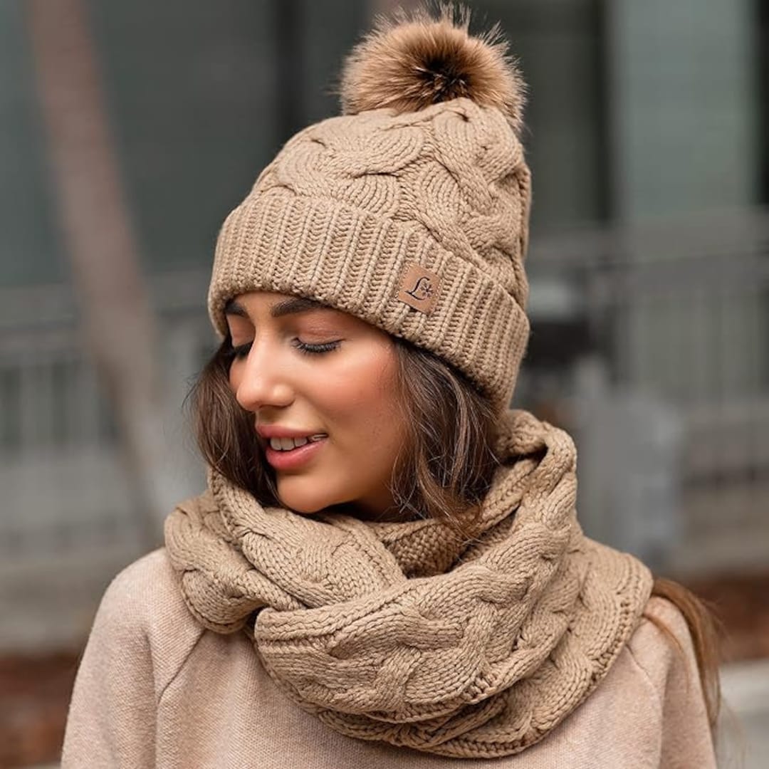 Biege Winter Hat and Scarf Set for Women Set Cute Soft Warm Infinity ...