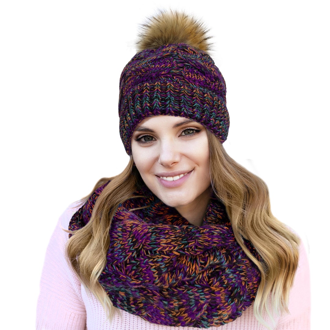 Womens Pom Beanie Hat Scarf Set Girls Cute Winter Ski Hat Slouchy Knit ...