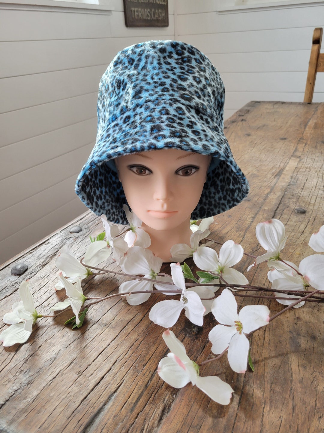 Blue Spotted Leopard Faux Fur Bucket Hat/ Leopard Bucket Hat/ Fur ...