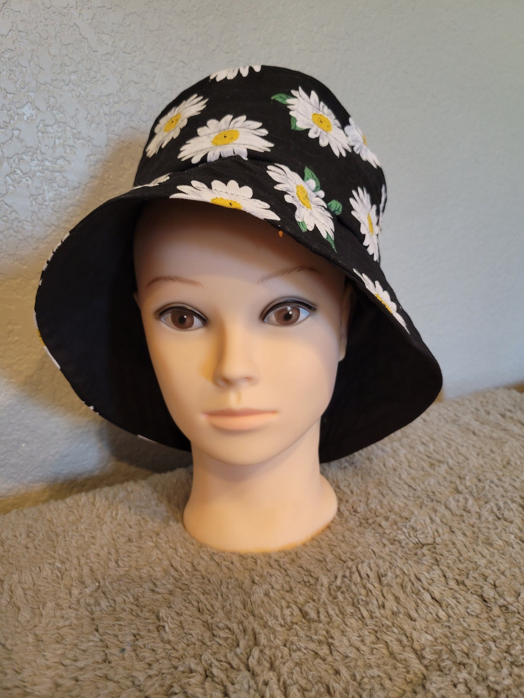 Black Daisy Bucket Hat/ Flower Bucket Hat/ Cotton Floral Bucket Hat ...