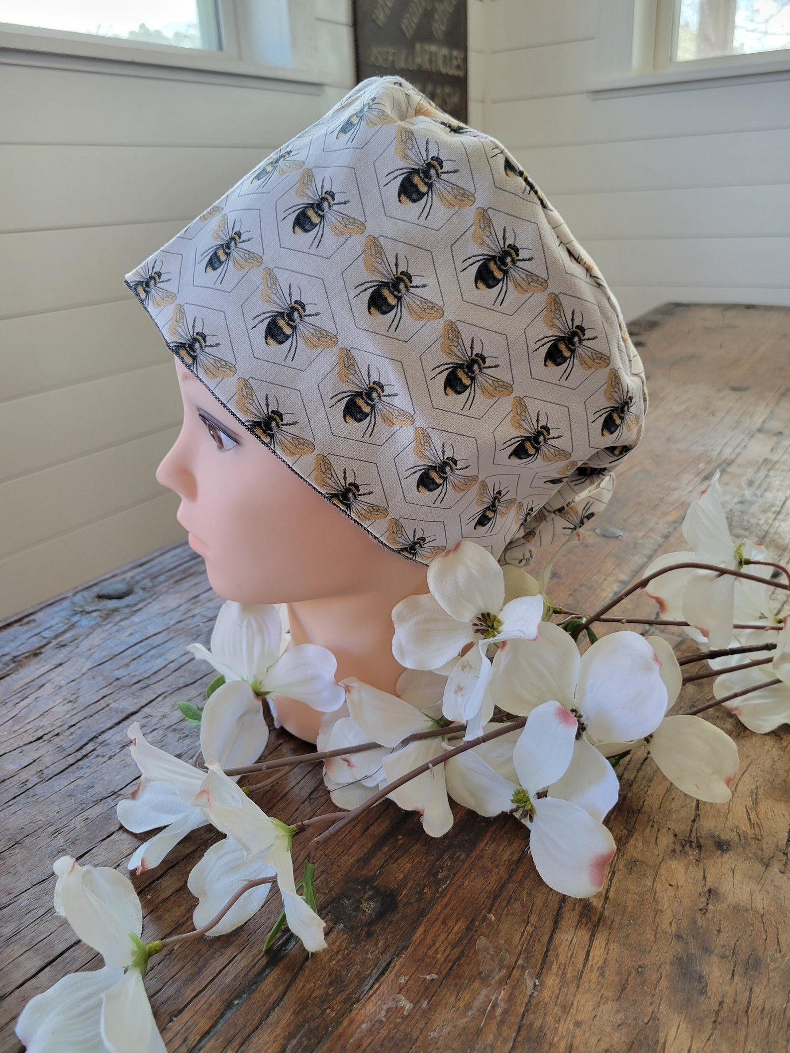 White Bee Scrub Hat/ Honey Bee Scrub Hat/ Scrub Hat/ Surgical Hat ...