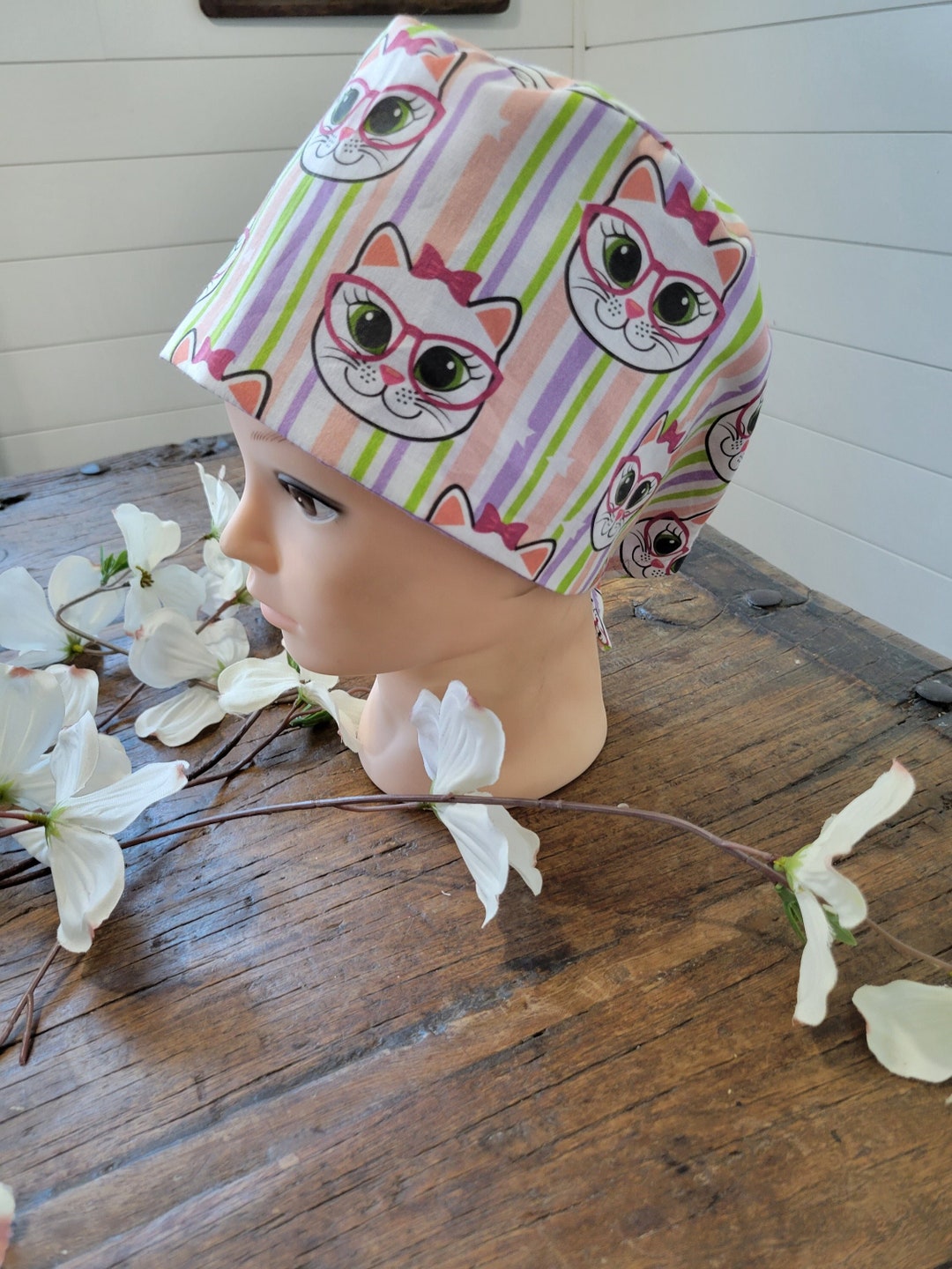 Striped Cat Scrub Hat/ Cat Scrub Hat/ Scrub Hat/ Surgical Cap/ Chemo ...