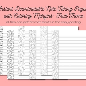 6 Unique Downloadable Fruit Note Taking Pages Featuring Coloring Page ...