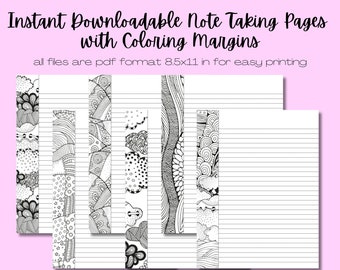 6 Unique Downloadable Note Taking Pages Featuring Coloring Page Margins ...