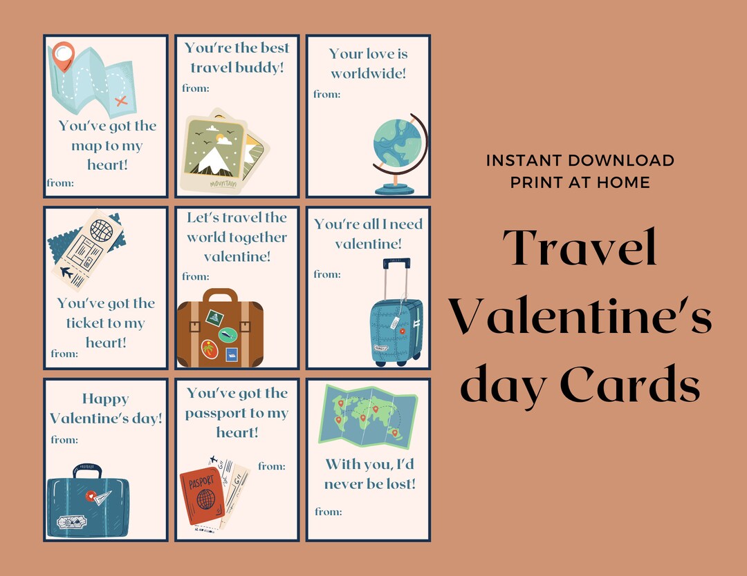 Travel Instant Download Printable Valentines Day Cards, Kids Valentine ...