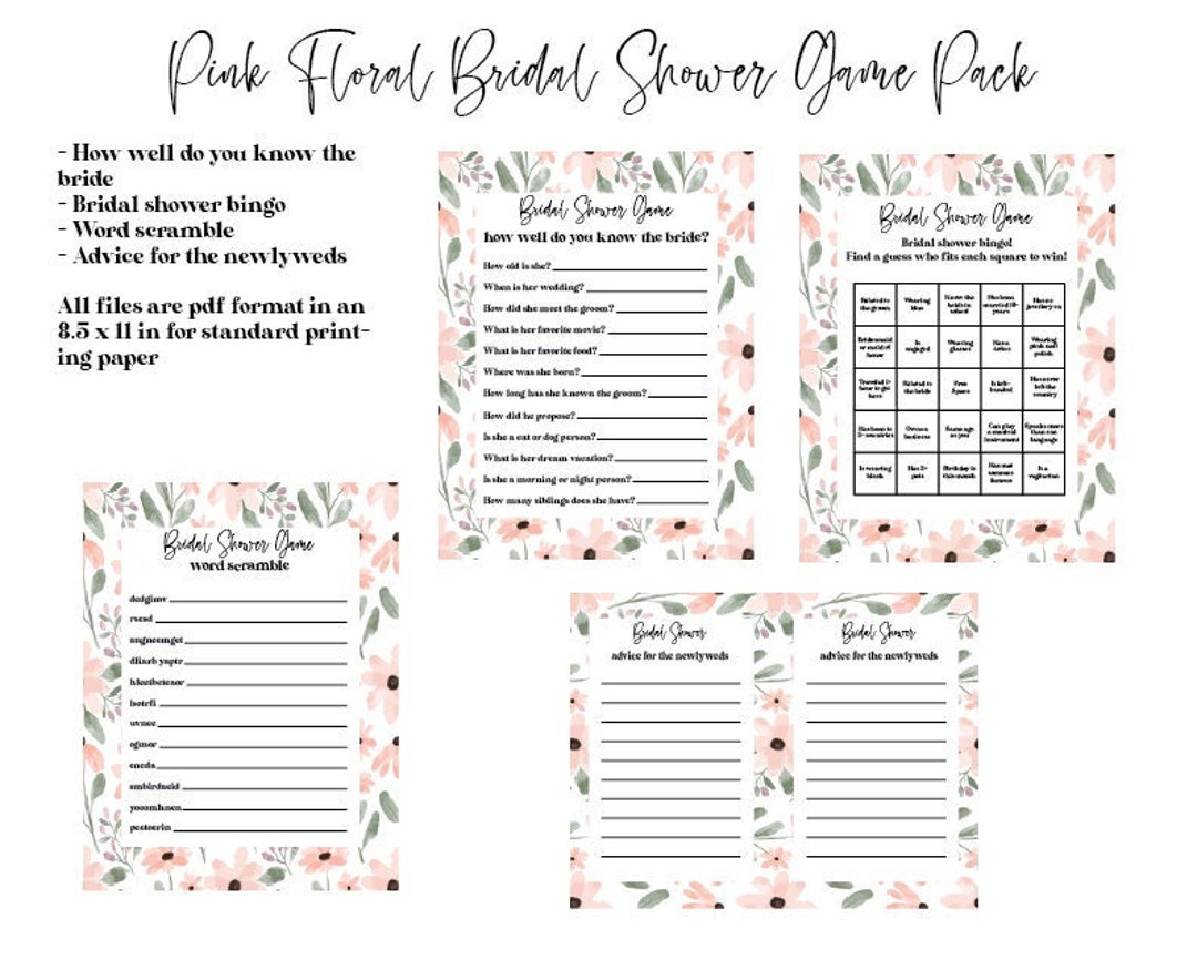 Pink Watercolor Floral Bridal Shower Games - Instant Download, Ready to ...
