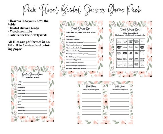 Pink Watercolor Floral Bridal Shower Games Instant Download | Etsy