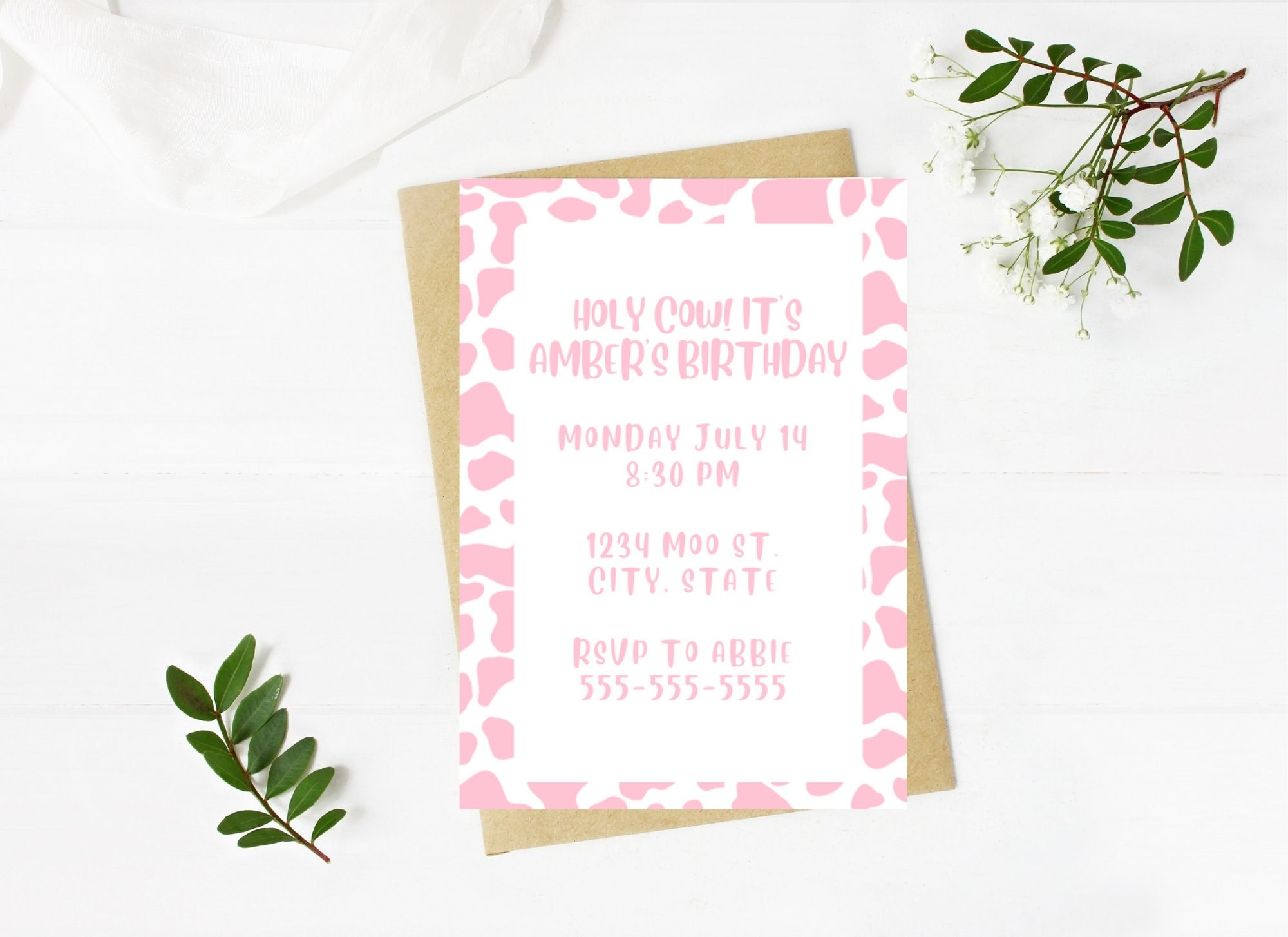 Pink Cow Print Birthday Party Invite Invite- Canva Template, Self Edit ...
