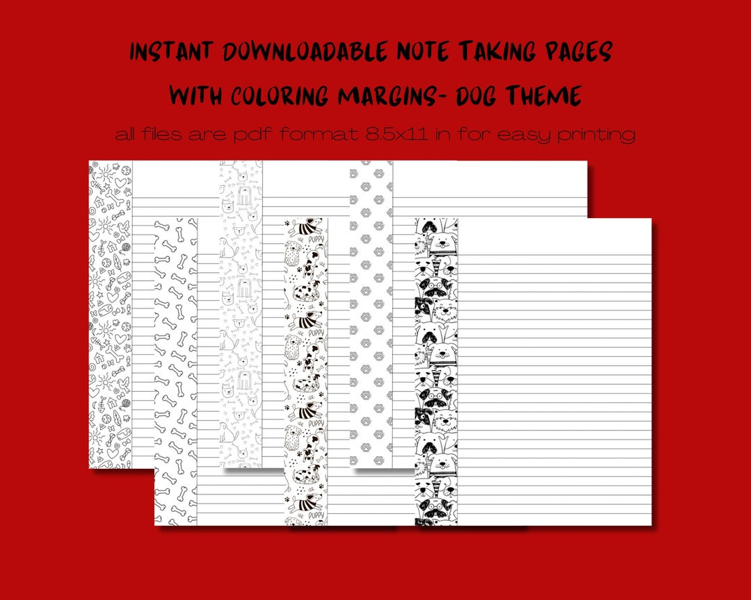 6 Unique Downloadable Dog Note Taking Pages Featuring Coloring Page ...
