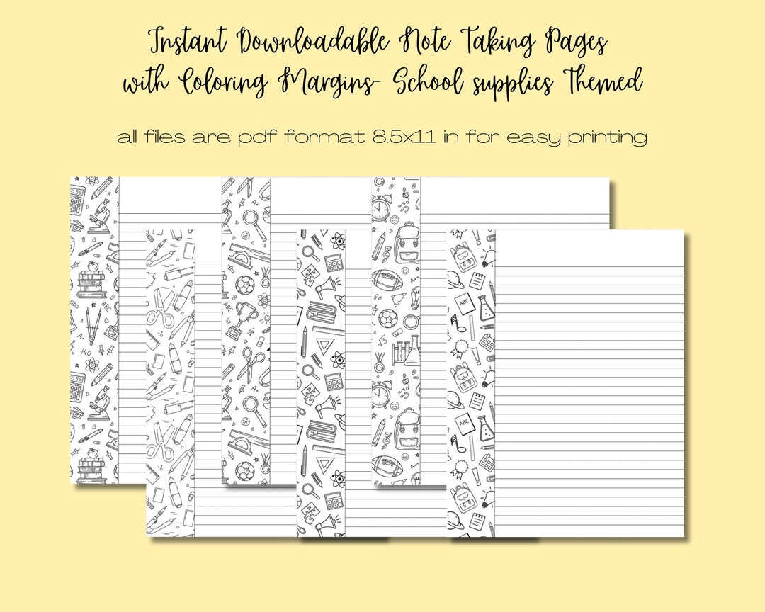 6 Unique Downloadable School Supplies Notetaking Pages Featuring ...