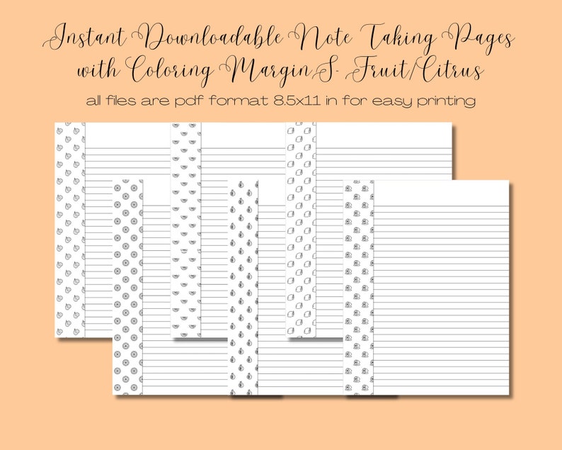 6 Unique Downloadable Citrus Fruit Note Taking Pages Featuring Coloring ...