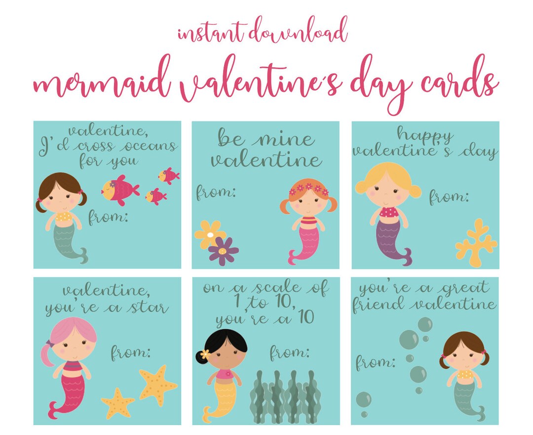 Cute Mermaid Instant Download Printable Valentines Day Cards, Kids ...