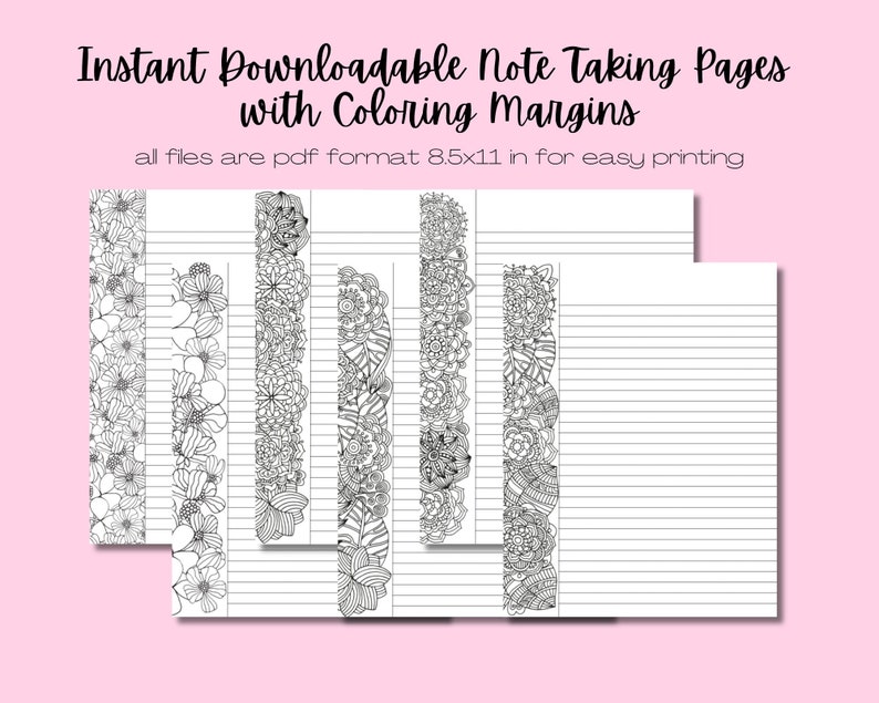 6 Unique Downloadable Note Taking Pages Featuring Coloring Page Margins ...