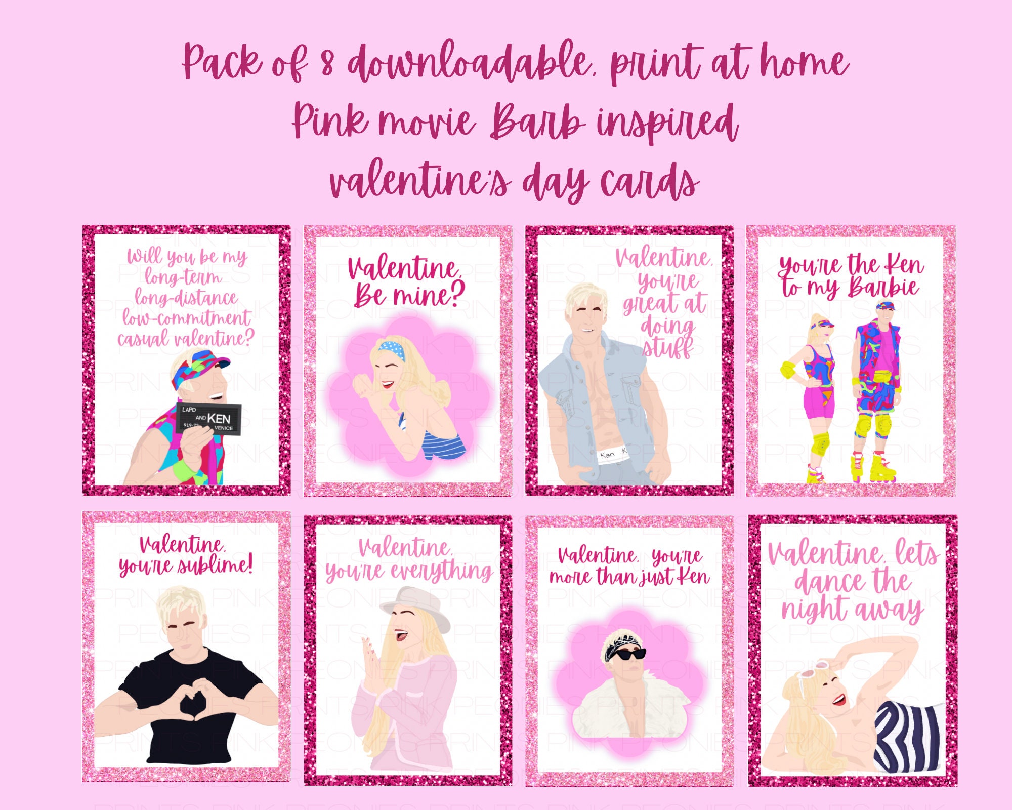 8 Pink Movie Instant Download Printable Valentines Day Cards, Kids ...