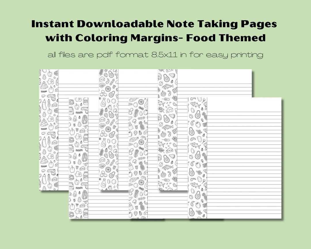 6 Unique Downloadable Food Note Taking Pages Featuring Coloring Page ...