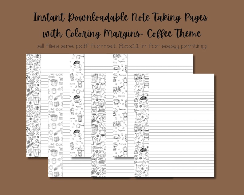 6 Unique Downloadable Coffee Notetaking Pages Featuring Coloring Page ...