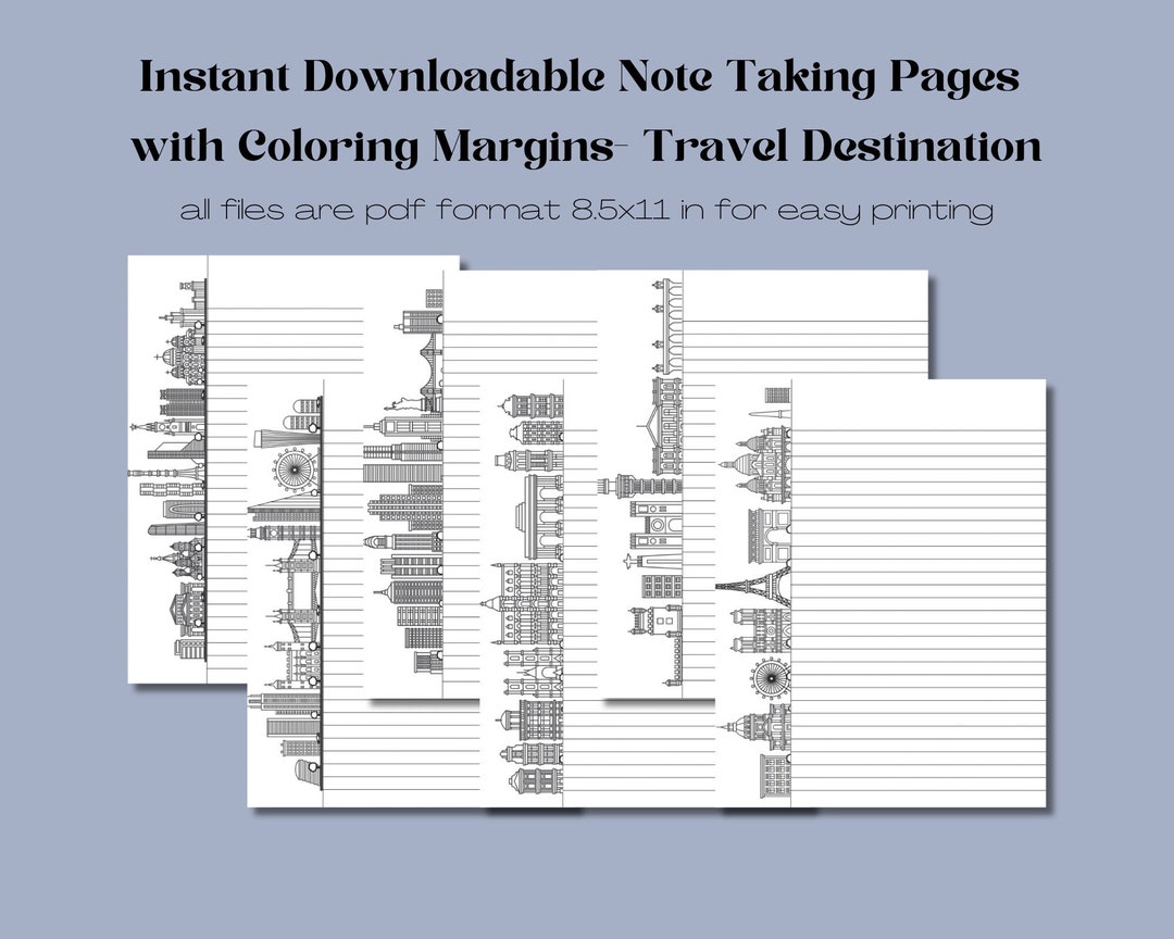 6 Unique Downloadable City Skyline Note Taking Pages Featuring Coloring ...