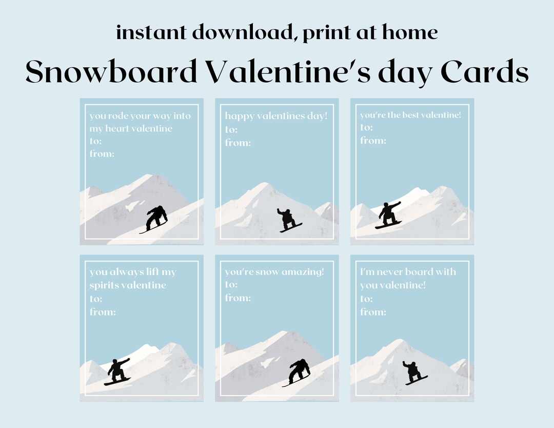 Snowboard Instant Download Printable Valentines Day Cards, Kids ...