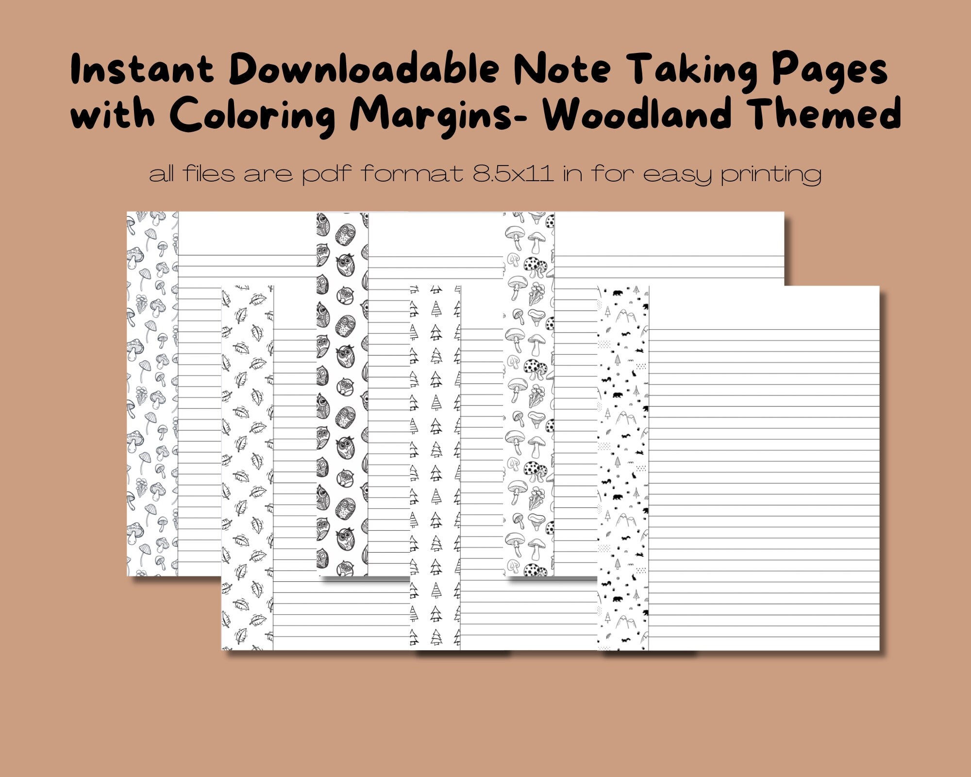 6 Unique Downloadable Woodland Note Taking Pages Featuring Coloring ...
