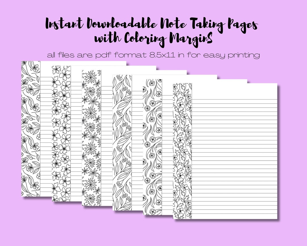 6 Unique Downloadable Floral Notetaking Pages Featuring Coloring Page ...