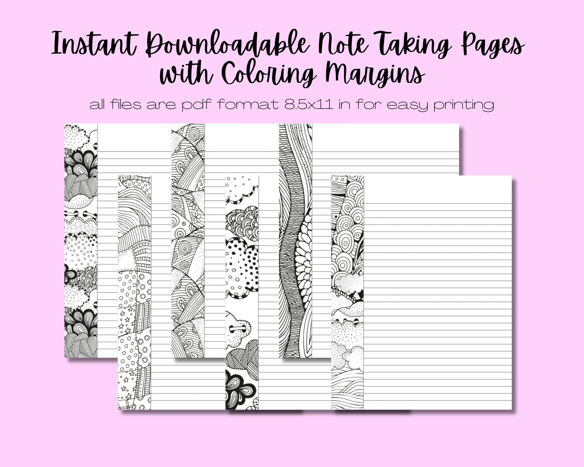 6 Unique Downloadable Note Taking Pages Featuring Coloring Page Margins ...