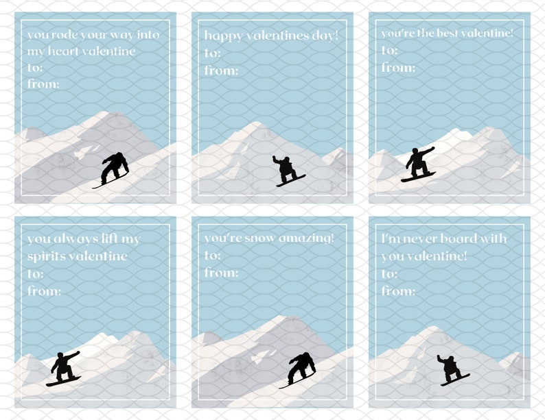 Snowboard Instant Download Printable Valentines Day Cards, Kids ...