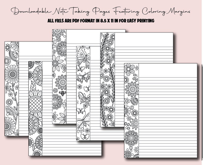 6 Unique Downloadable Note Taking Pages Featuring Coloring Page Margins ...