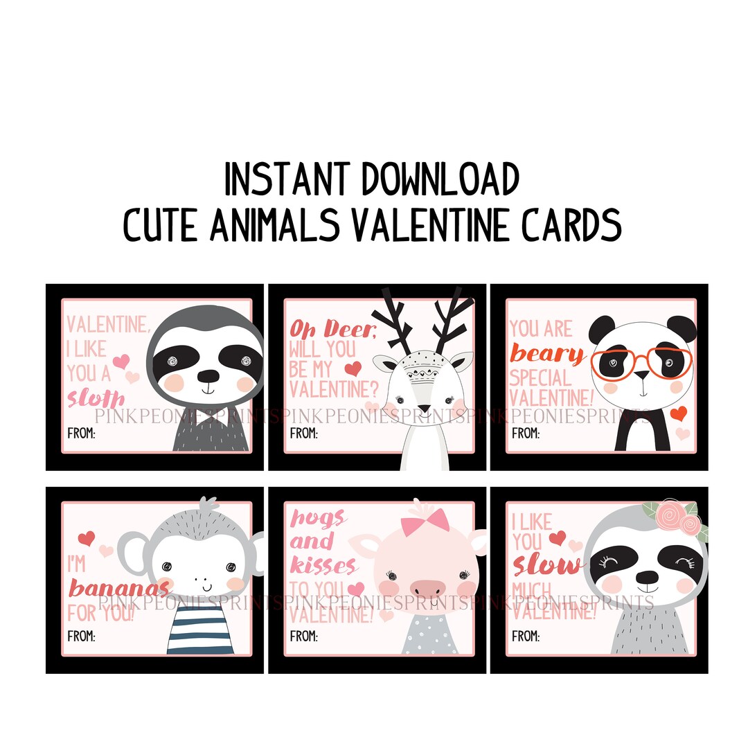 Cute Animals Instant Download Printable Valentines Day Cards, Kids ...
