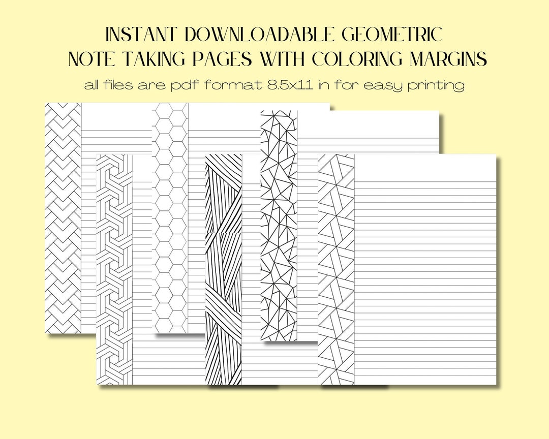 6 Unique Downloadable Note Taking Pages Featuring Coloring Page Margins ...