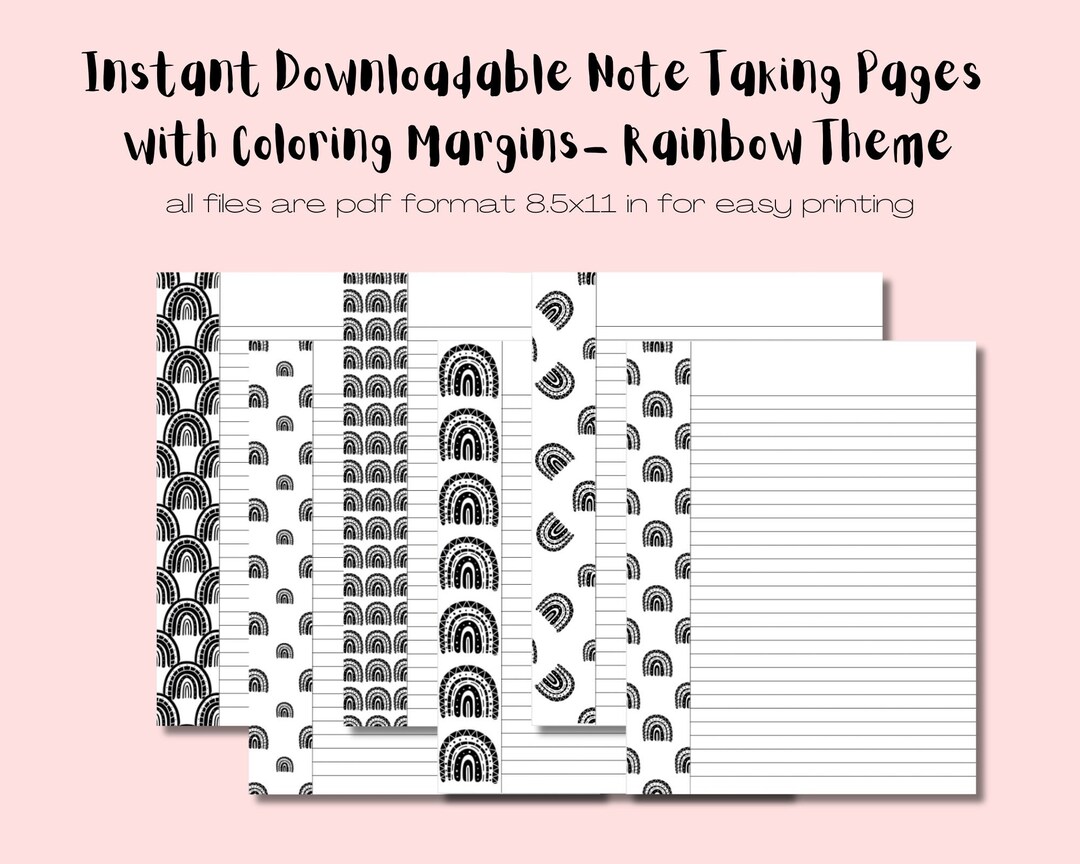 6 Unique Downloadable Rainbow Note Taking Pages Featuring Coloring Page ...