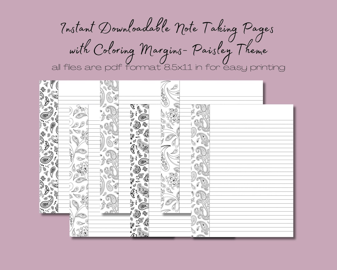 6 Unique Downloadable Paisley Notetaking Pages Featuring Coloring Page ...